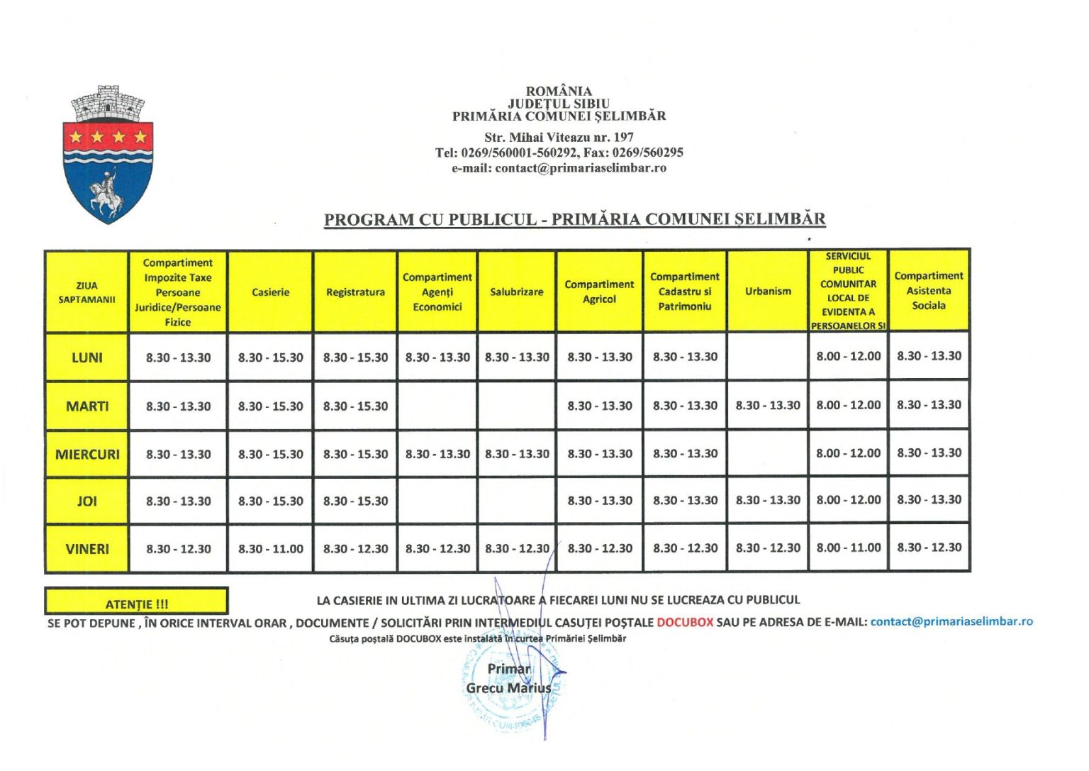 Program de functionare al institutiei si program cu publicul - Primaria ...